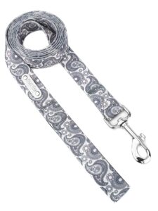 mighty paw grey paisley designer dog leash - soft premium polyester with neoprene padded handle for ultimate comfort - all metal hardware for most playful dogs - built to last - perfect everyday leash