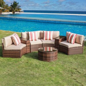 SUNSITT 7 Pieces Patio Furniture Set Outdoor Half-Moon Sectional Set with Waterproof Sofa Cover, Brown PE Wicker & Beige Cushion