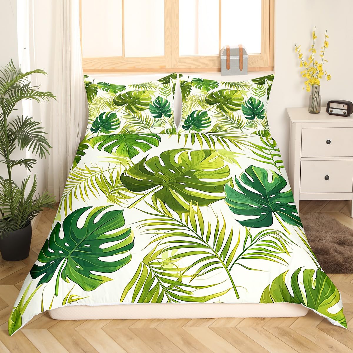 Erosebridal Botanical Leaves Comforter Cover Tropical Bedding Tree Duvet Cover Set Queen Size Green Palm Leaves Bedclothes Jungle Branches Leaf Duvet Cover+ 2 Pillow Shams for Kids Adult Room Decor