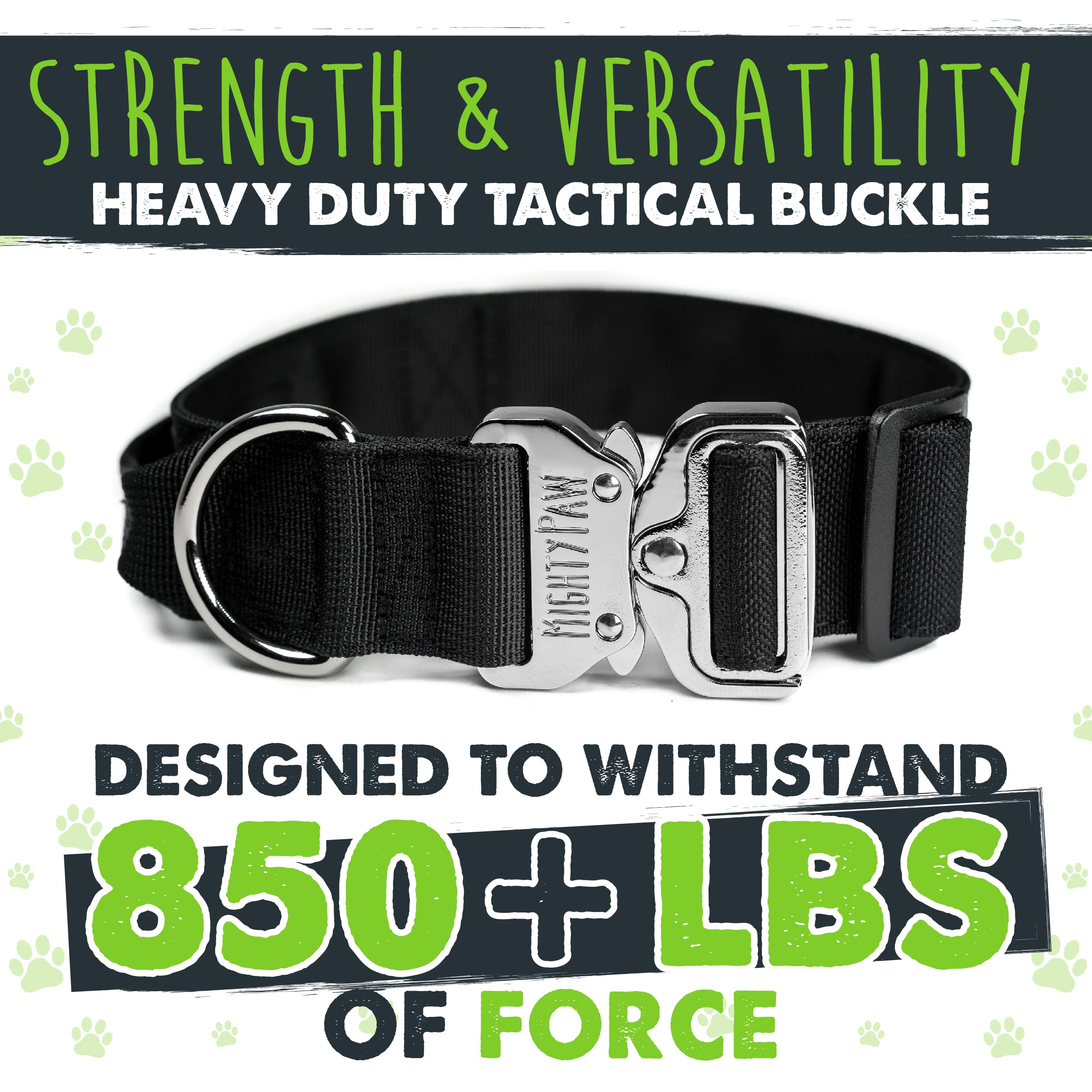 Mighty Paw Dog Collar - Heavy Duty with Tactical Metal Buckle - Heavy Duty Buckle - Weatherproof Polyester Tactical Dog Collar - Dog Training Collar for All Dog Breeds - Dog Collar with Handle - Black