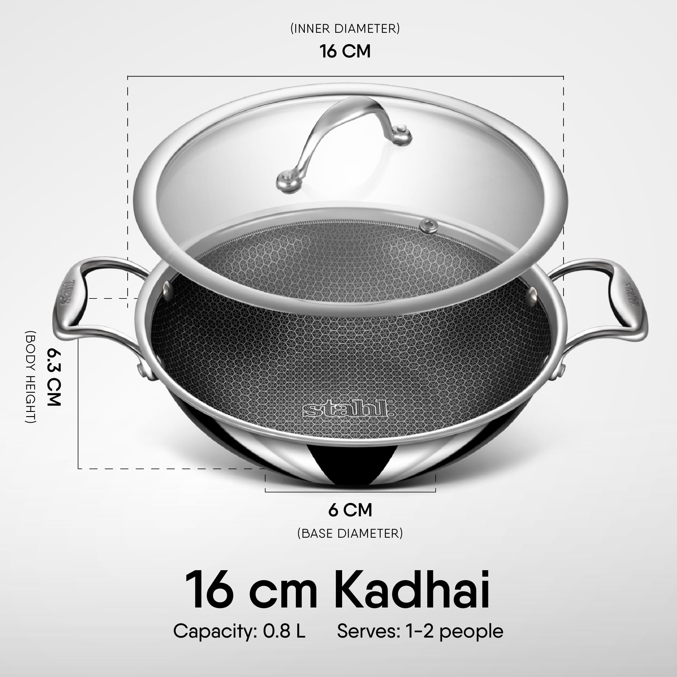 Stahl Artisan Hybrid Triply Non Stick Small Kadai with Lid, Stainless Steel Kadai for Cooking, Triply Kadhai Metal Spatula Friendly, Induction & Gas Stove Compatible, 0.8 L, 16 cm