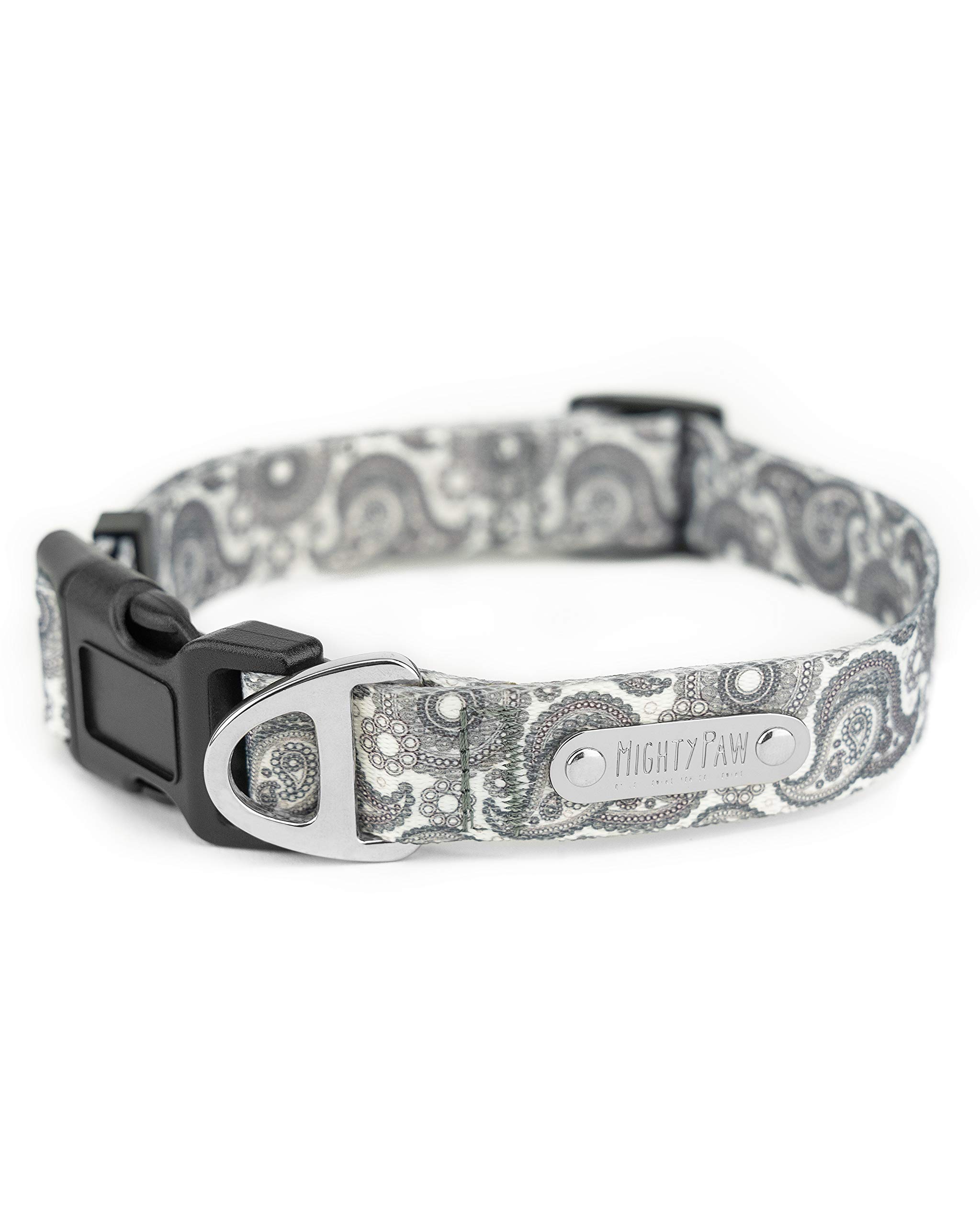 Mighty Paw Grey Paisley Designer Collar - Patterned Collar - Soft Polyester Webbing - Heavy-Duty Hardware - Premium Weather-Resistant Dog Collar - Adjustable Collar for All Dog Breeds - Medium