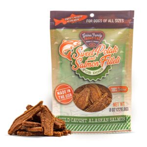 gaines family farmstead sweet potato & salmon fillets for dogs, all-natural, grain-free, healthy dog treats for all ages & breeds, made in usa, 8 oz