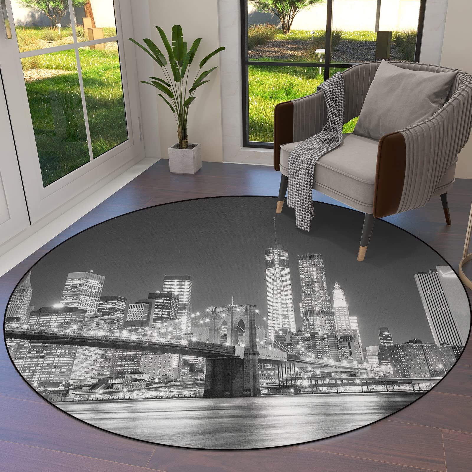 Round Area Rugs Children Crawling Mat Non-Slip Mat,New York Residential Carpet for Living Dining Room Kitchen Rugs Decor,Summer Night in Manhattan Brooklyn Bridge Park River Waterfront,3.3Ft(39In