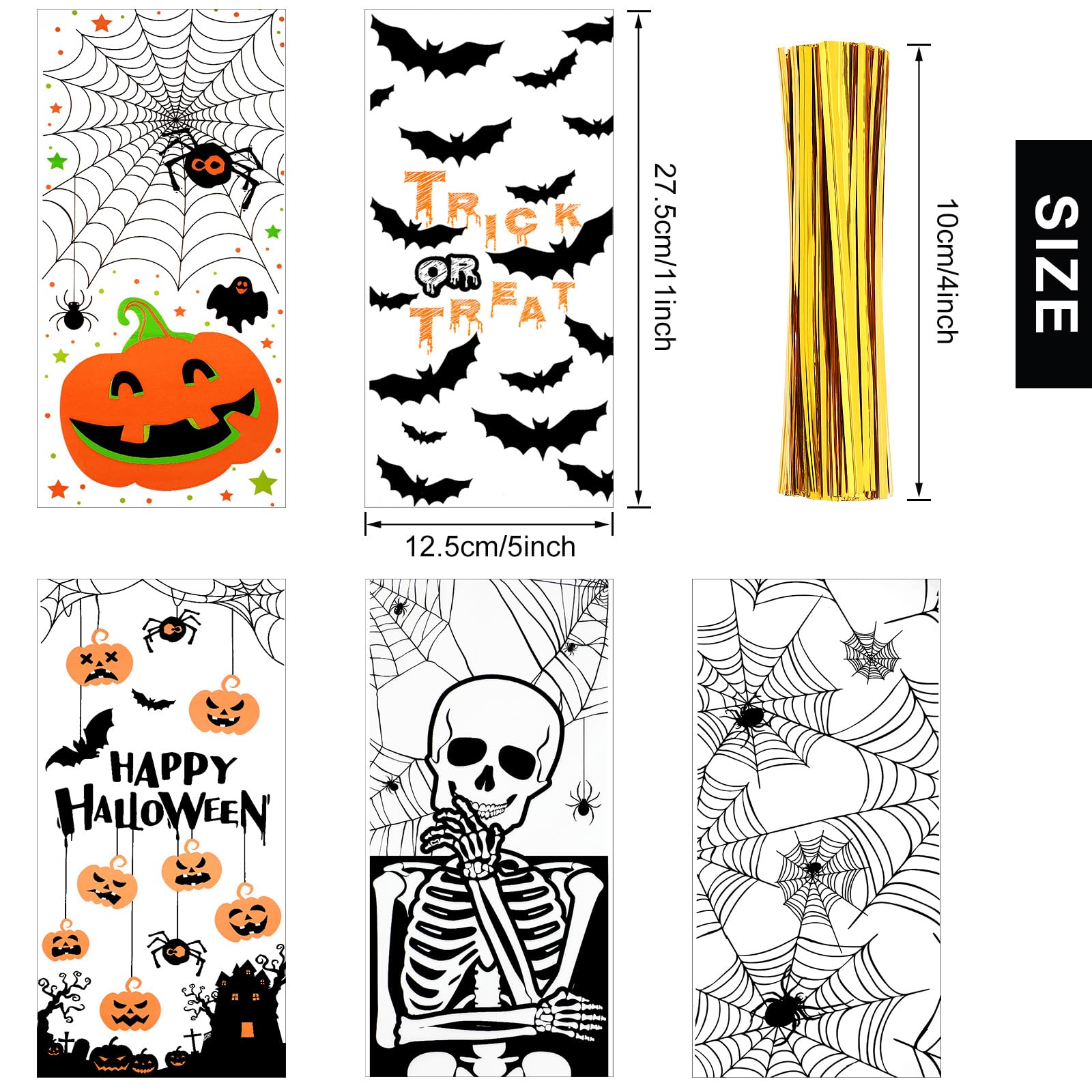 Zonon 150 Pieces Halloween Candy Cellophane Treat Bags Halloween Print Bags Wrappers Pumpkin Skeleton Spider Cello Bag with 200 Pieces Twist Ties for Party Presents