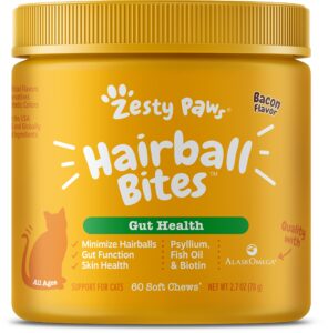 zesty paws hairball bites for cats - cat furball support - functional supplement with omega 3 fish oil epa & dha + zinc, biotin & psyllium husk - supports gut & skin health - 60 count