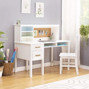 guidecraft kids taiga desk and chair set with hutch - white: kids wooden table workstation with storage drawers, adjustable shelves and corkboard | study table and chairs for kids bedroom