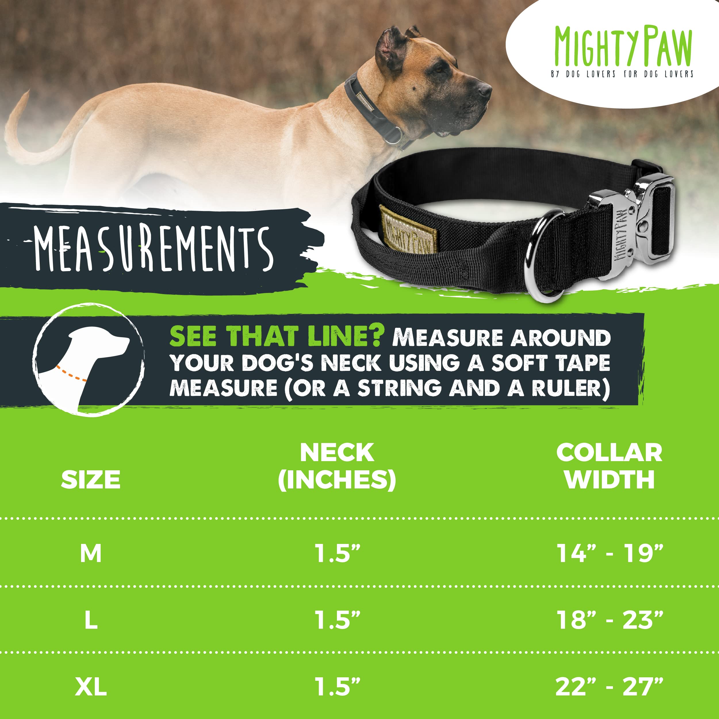 Mighty Paw Dog Collar - Heavy Duty with Tactical Metal Buckle - Heavy Duty Buckle - Weatherproof Polyester Tactical Dog Collar - Dog Training Collar for All Dog Breeds - Dog Collar with Handle - Black