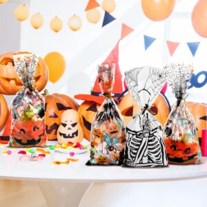 Zonon 150 Pieces Halloween Candy Cellophane Treat Bags Halloween Print Bags Wrappers Pumpkin Skeleton Spider Cello Bag with 200 Pieces Twist Ties for Party Presents