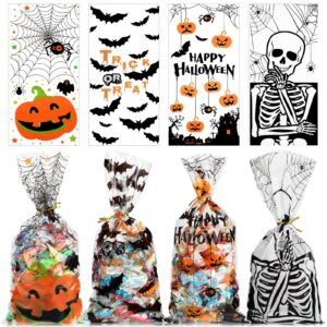 zonon 160 pieces halloween cellophane treat bags halloween candy wrappers pumpkin skull bat presents bags transparent candy bag with 200 pieces ties for halloween party favors