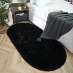 iseau oval fluffy rug carpets, modern plush shaggy area rug for kids bedroom extra comfy cute nursery rug bedside rug for boys girls room home decor mats, 2.6 x 5.3ft, black