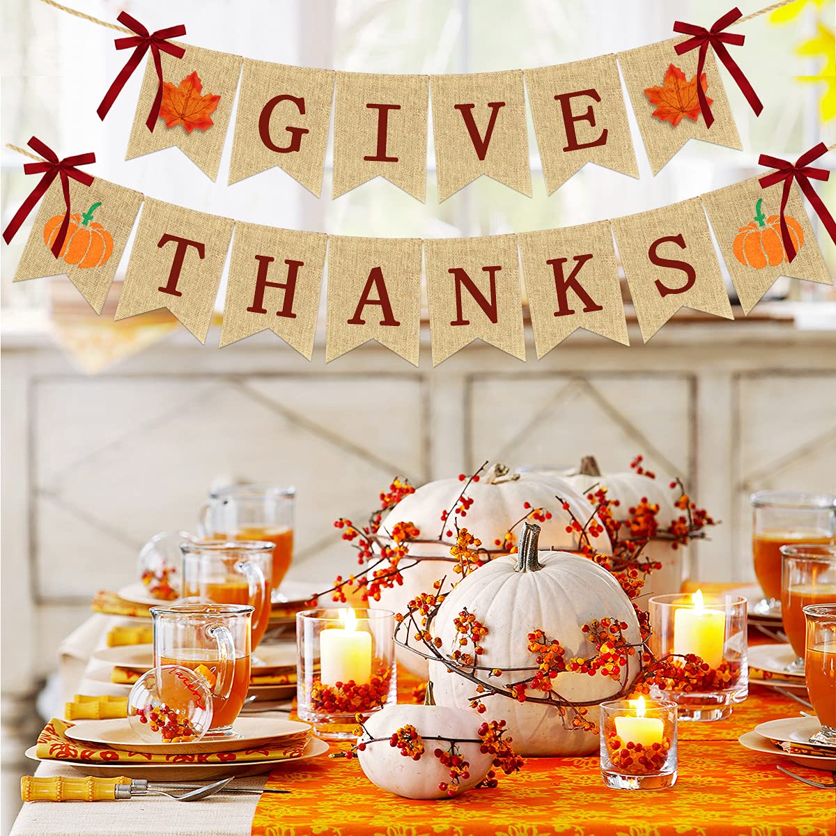 Give Thanks Burlap Banners Thanksgiving Decorations | Rustic Thanksgiving Turkey Pumpkin Burlap Garland | Thanksgiving Day Party Supplies - 2 Strings, NO DIY Fireplace Mantle Home Decoration