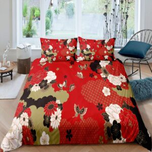 erosebridal japanese style bedding set butterfly duvet cover, retro flower comforter cover romantic garden style bedspread cover, red decorative 3pcs queen size, bedding collection