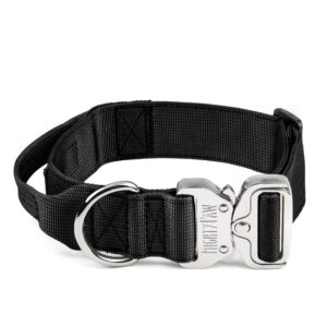 mighty paw dog collar - heavy duty with tactical metal buckle - heavy duty buckle - weatherproof polyester tactical dog collar - dog training collar for all dog breeds - dog collar with handle - black