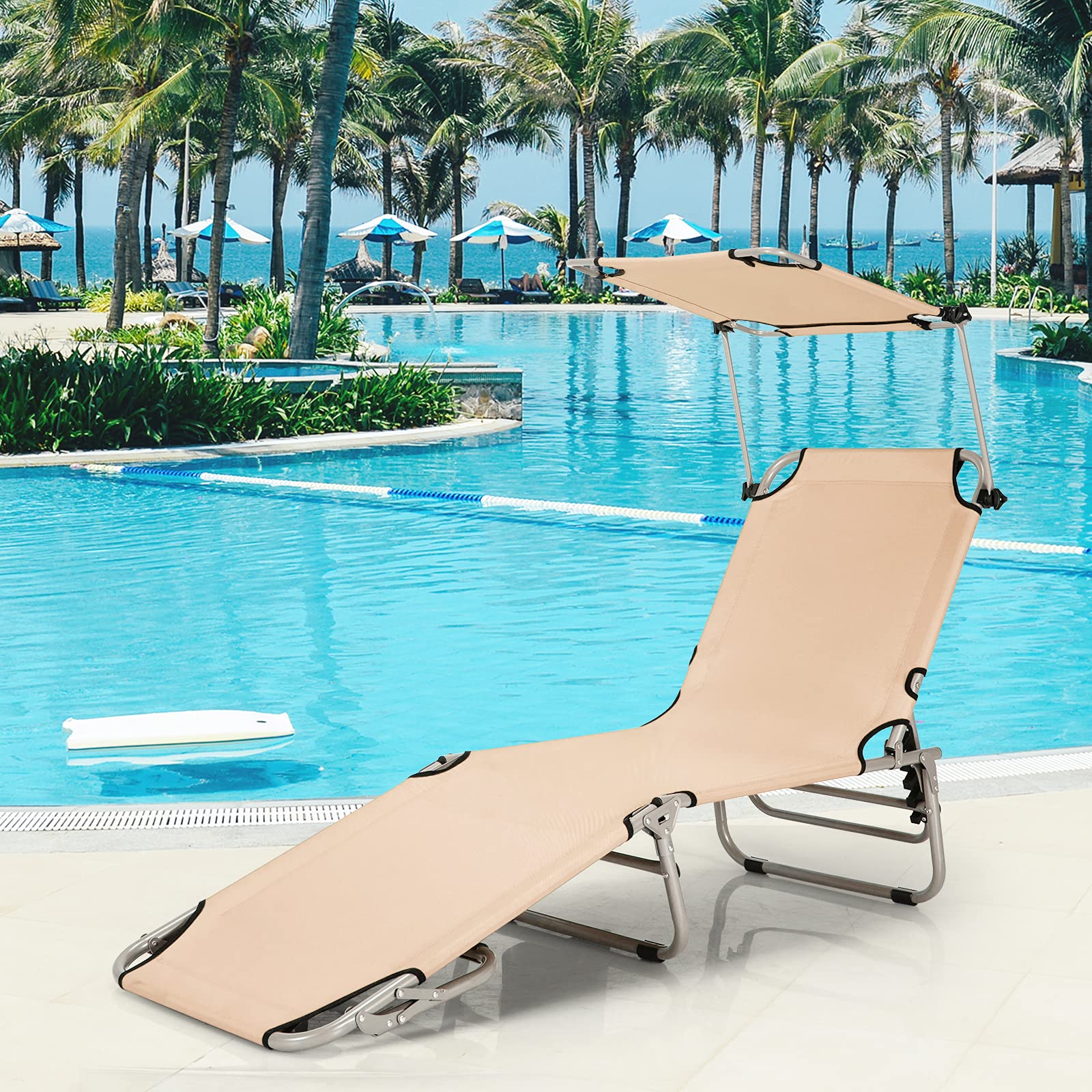 GYMAX Beach Chair with Canopy Shade, Folding Tanning Lounge with Adjustable Backrest, Carry Handle & Side Pocket, Sunbathing Chair for Outside, Patio, Poolside, Lawn (1, Beige)