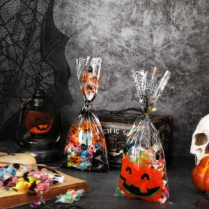 Zonon 150 Pieces Halloween Candy Cellophane Treat Bags Halloween Print Bags Wrappers Pumpkin Skeleton Spider Cello Bag with 200 Pieces Twist Ties for Party Presents