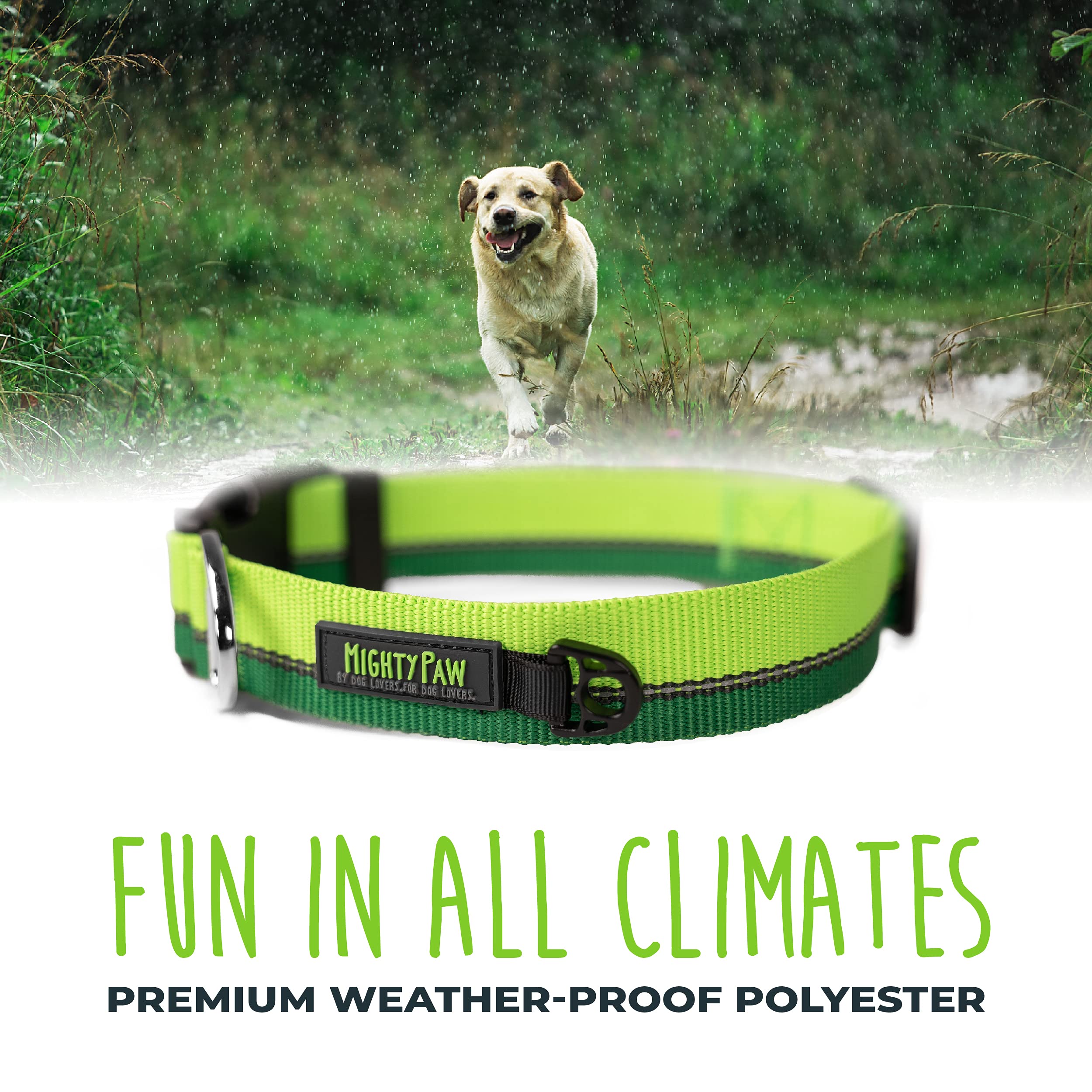 Mighty Paw Reflective Dog Collar | Premium High Visibility Collar with Reflective Stitching. Weatherproof, Heavy Duty Hardware, Stylish Colors and Design. Perfect for Small and Large Pets (Green)