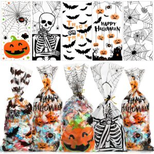 zonon 150 pieces halloween candy cellophane treat bags halloween print bags wrappers pumpkin skeleton spider cello bag with 200 pieces twist ties for party presents