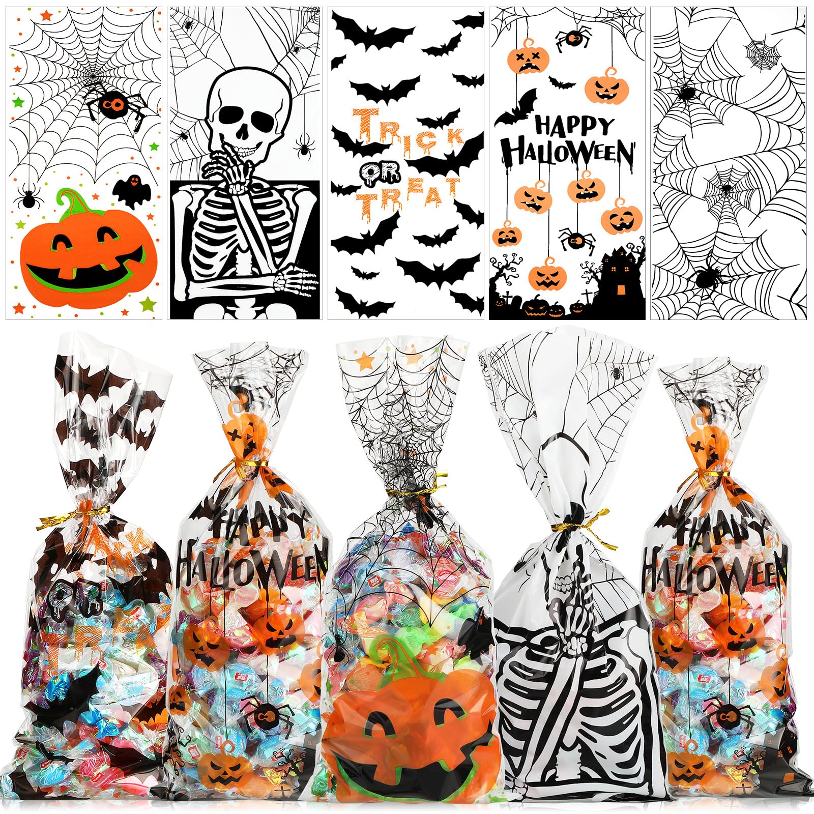 Zonon 150 Pieces Halloween Candy Cellophane Treat Bags Halloween Print Bags Wrappers Pumpkin Skeleton Spider Cello Bag with 200 Pieces Twist Ties for Party Presents