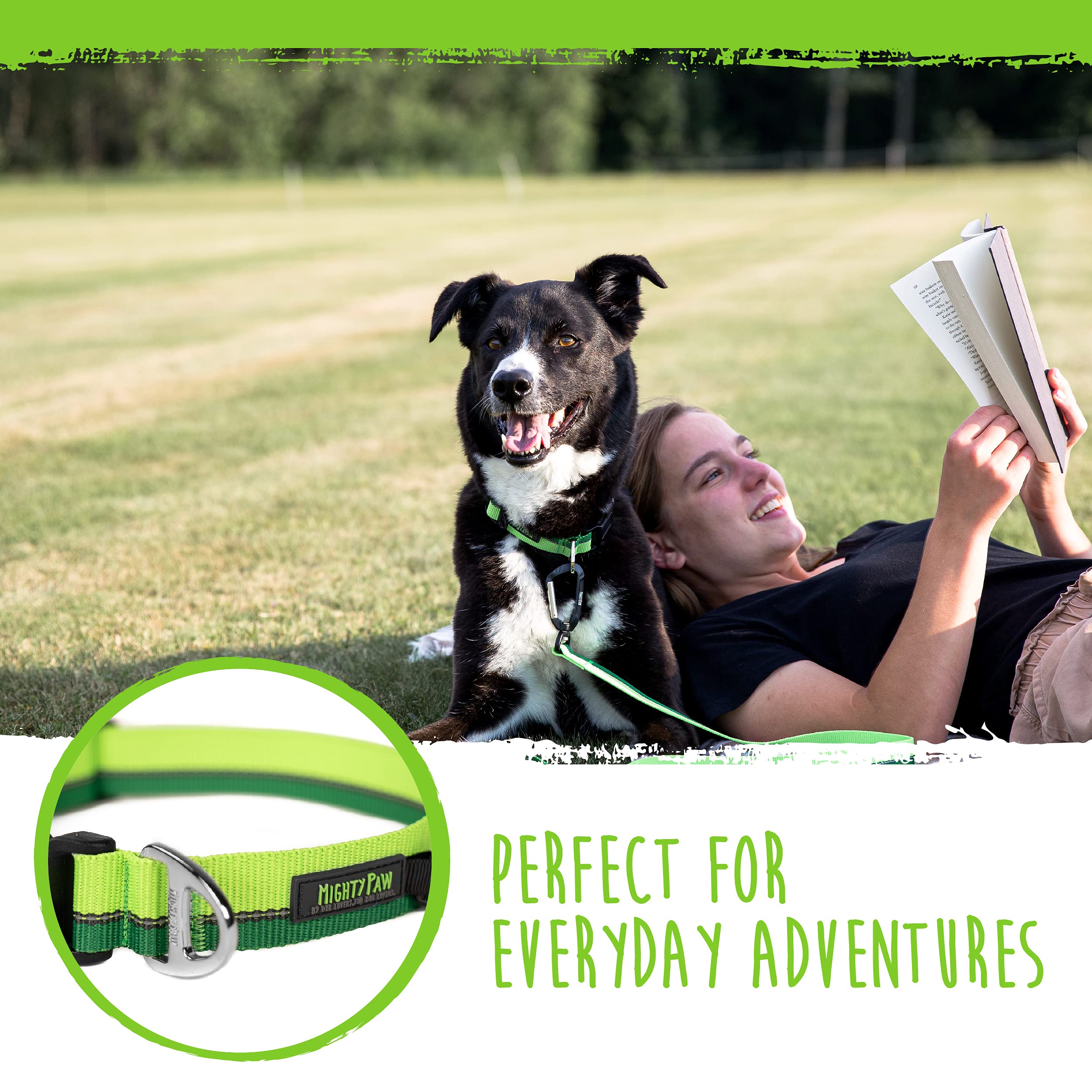 Mighty Paw Reflective Dog Collar | Premium High Visibility Collar with Reflective Stitching. Weatherproof, Heavy Duty Hardware, Stylish Colors and Design. Perfect for Small and Large Pets (Green)