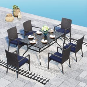 sophia & william 7 pieces patio dining set for 6 people, rectangular patio table and rattan chairs set with cushions, outdoor table and chaird with 1.6"-2" adjustable umbrella hole