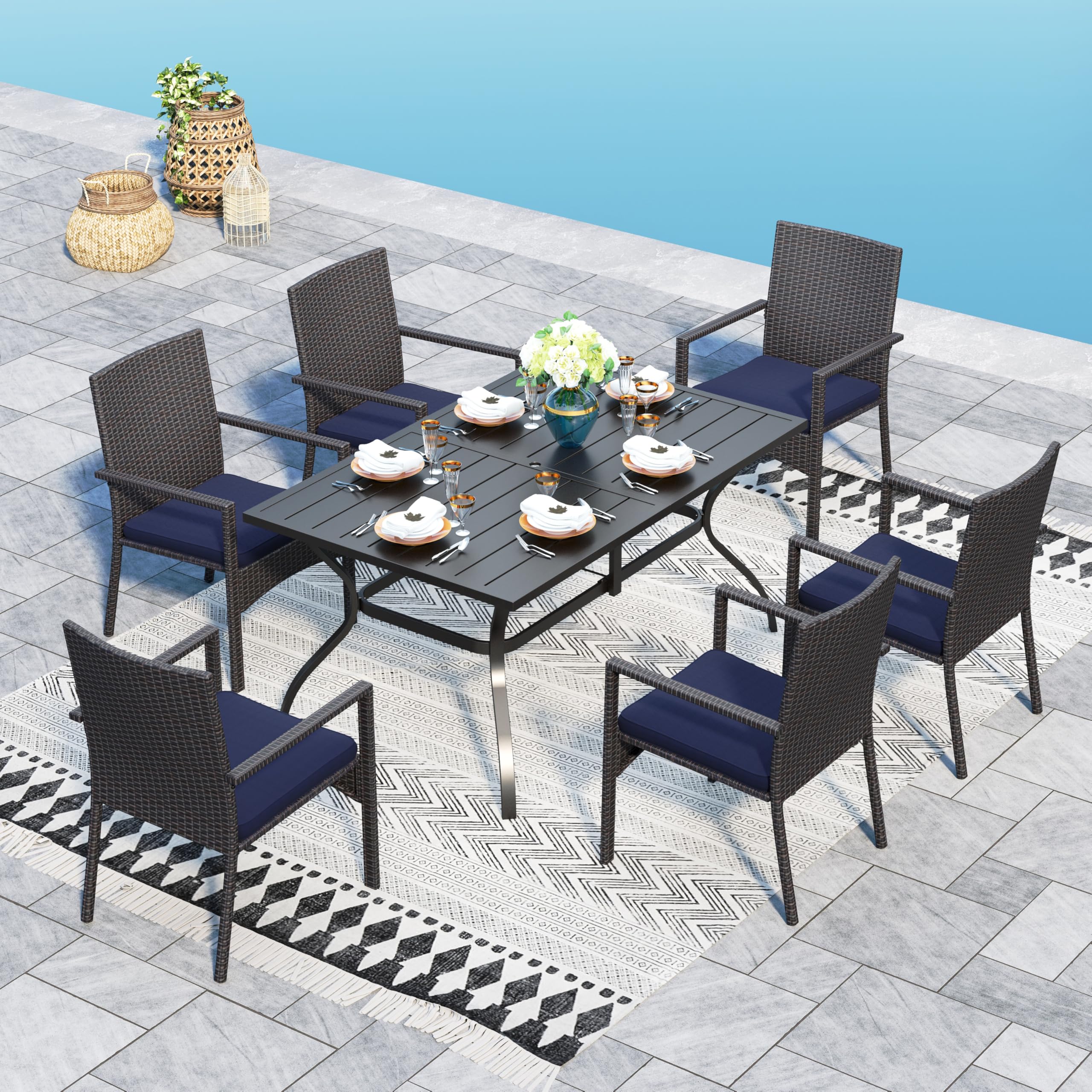 Sophia & William 7 Pieces Patio Dining Set for 6 People, Rectangular Patio Table and Rattan Chairs Set with Cushions, Outdoor Table and Chaird with 1.6"-2" Adjustable Umbrella Hole