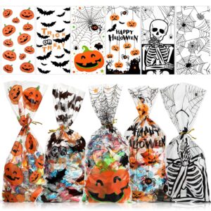 zonon 180 pieces halloween cellophane treat bags halloween candy wrappers pumpkin skull bat presents bags transparent candy bag with 200 pieces ties for halloween party favors