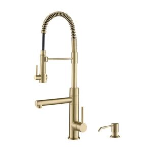 kraus artec pro (1 st gen) 2-function commercial style pre-rinse kitchen faucet (no pull down) with pot filler in spot free antique champagne bronze with soap dispenser, kpf-1603sfacb-ksd53sfacb