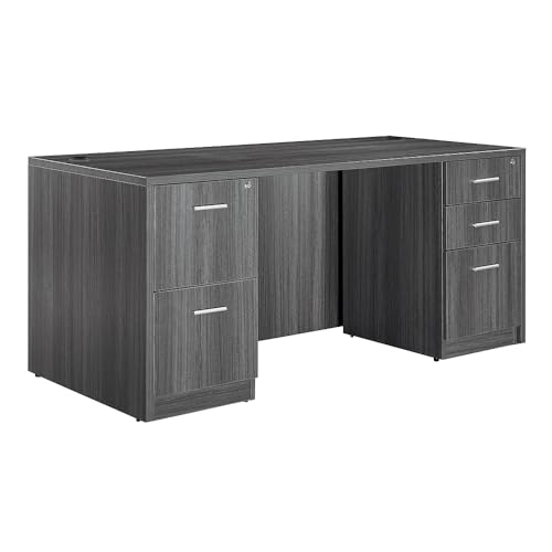 NBF at Work Double Pedestal Executive Office Desk - Durable Laminate Computer Desk with Two Drawers - Office Desk with Storage and File Cabinet - Gray Finish Work Desk for Home (72" W)