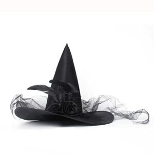 justotry witch hat for costume party & halloween - women's & girls' black witch costume hat with roses, feathers & iron-on design, size 1pbl(black, silk, cos-hat2)