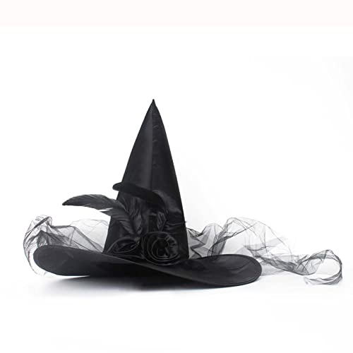 JUSTOTRY Witch Hat for Costume Party & Halloween - Women's & Girls' Black Witch Costume Hat with Roses, Feathers & Iron-on Design, Size 1PBL(Black, Silk, COS-HAT2)