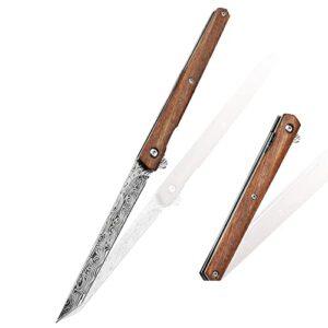 carimee double action pocket knife damascus pattern d2 stainless laser blade, wood handle, with leather sheath for men and women