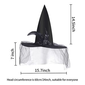 JUSTOTRY Witch Hat for Costume Party & Halloween - Women's & Girls' Black Witch Costume Hat with Roses, Feathers & Iron-on Design, Size 1PBL(Black, Silk, COS-HAT2)