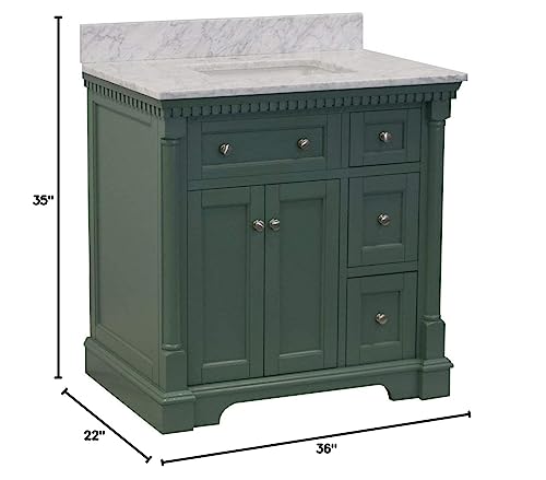 Sydney 36-inch Bathroom Vanity (Carrara/Sage Green): Includes Sage Green Cabinet with Authentic Italian Carrara Marble Countertop and White Ceramic Sink