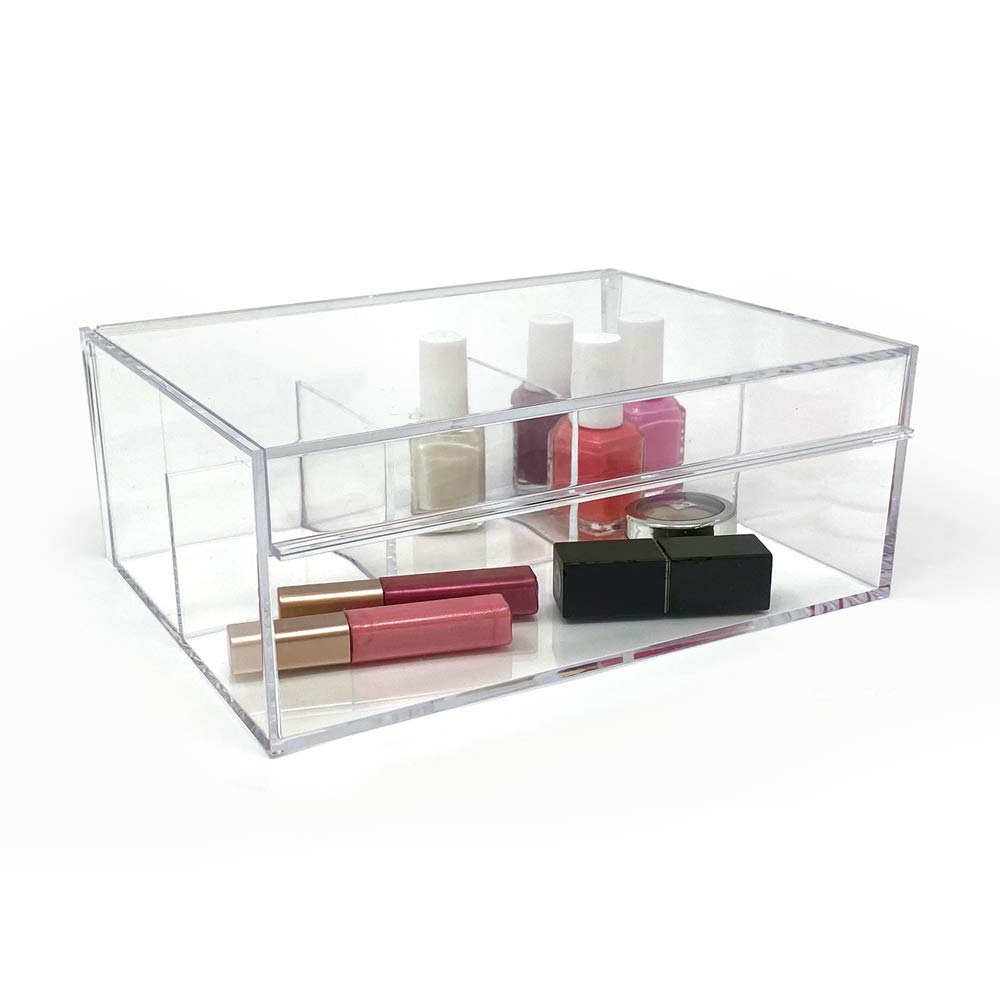 Isaac Jacobs 4-Compartment Clear Acrylic Organizer with Lid (6.7" L x 8.6" W x 3.4" H), Multi-Sectional Tray, Storage Solution for Makeup, School & Office Supplies (3 Small, 1 Large)