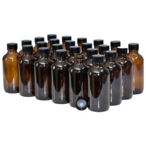 glassbottleoutlet (pack of 24) 4 oz. amber boston round with black poly cap