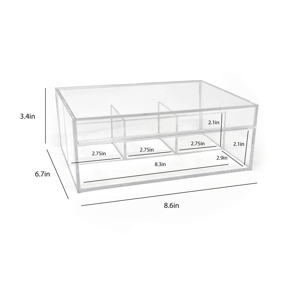 Isaac Jacobs 4-Compartment Clear Acrylic Organizer with Lid (6.7" L x 8.6" W x 3.4" H), Multi-Sectional Tray, Storage Solution for Makeup, School & Office Supplies (3 Small, 1 Large)