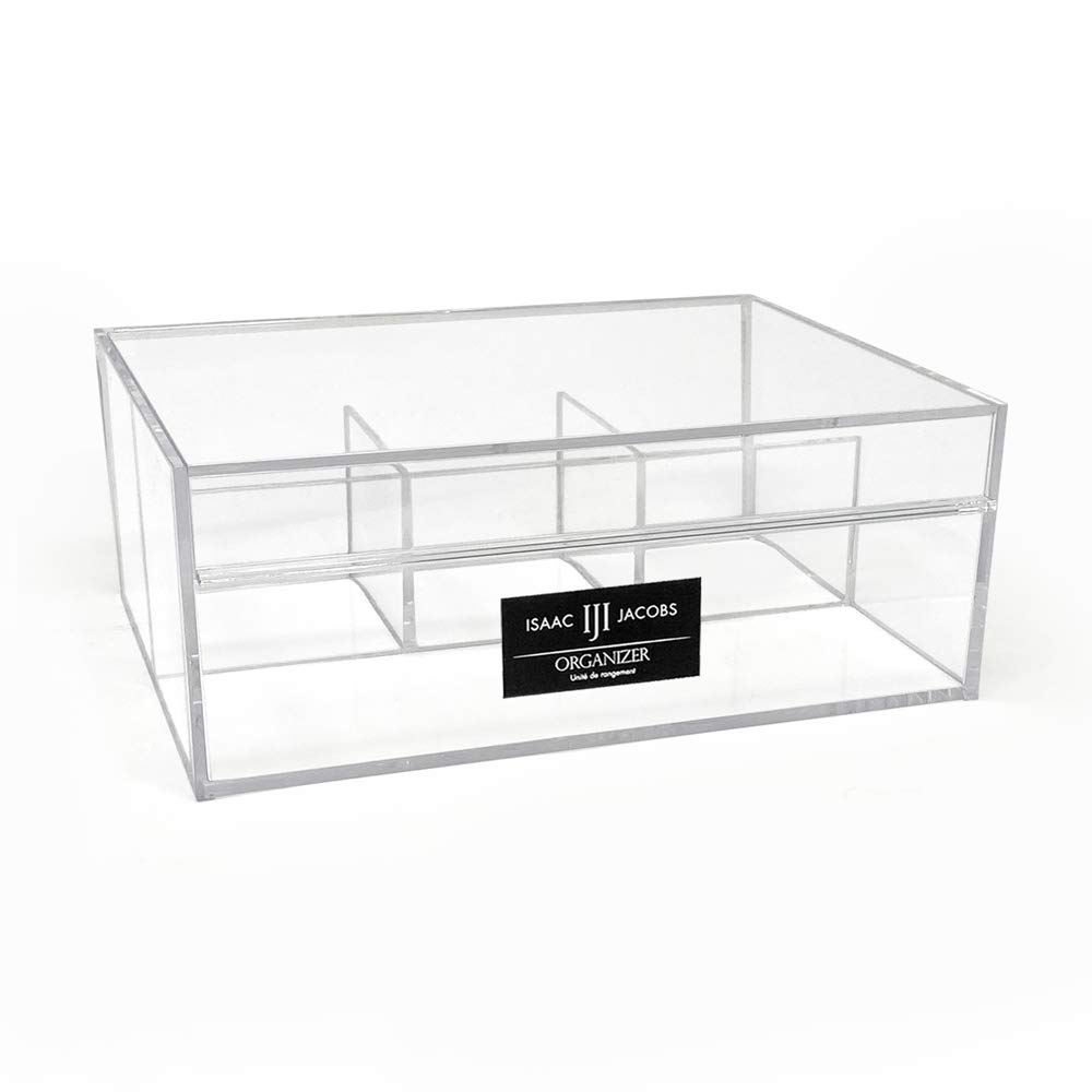 Isaac Jacobs 4-Compartment Clear Acrylic Organizer with Lid (6.7" L x 8.6" W x 3.4" H), Multi-Sectional Tray, Storage Solution for Makeup, School & Office Supplies (3 Small, 1 Large)