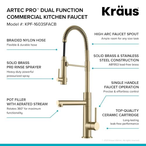 KRAUS Artec Pro (1 st Gen) 2-Function Commercial Style Pre-Rinse Kitchen Faucet (No Pull Down) with Pot Filler in Spot Free Antique Champagne Bronze with Soap Dispenser, KPF-1603SFACB-KSD53SFACB