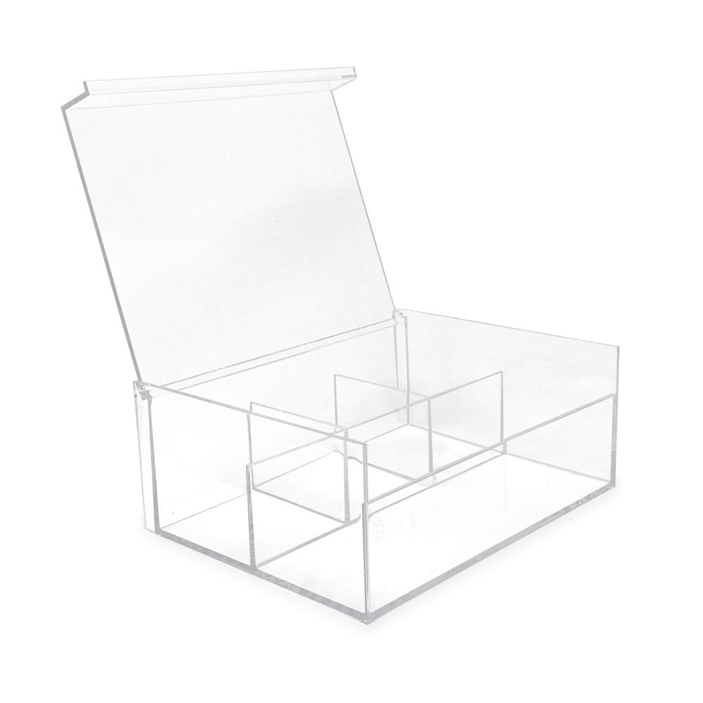 Isaac Jacobs 4-Compartment Clear Acrylic Organizer with Lid (6.7" L x 8.6" W x 3.4" H), Multi-Sectional Tray, Storage Solution for Makeup, School & Office Supplies (3 Small, 1 Large)