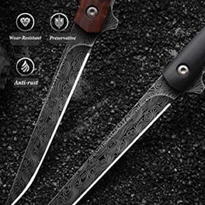 Carimee Double Action Pocket Knife Damascus Pattern D2 Stainless Laser Blade, Wood Handle, with Leather Sheath for Men and Women