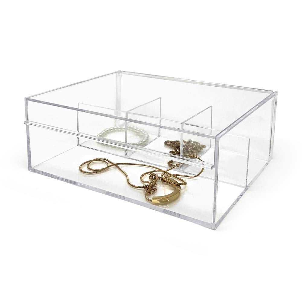 Isaac Jacobs 4-Compartment Clear Acrylic Organizer with Lid (6.7" L x 8.6" W x 3.4" H), Multi-Sectional Tray, Storage Solution for Makeup, School & Office Supplies (3 Small, 1 Large)