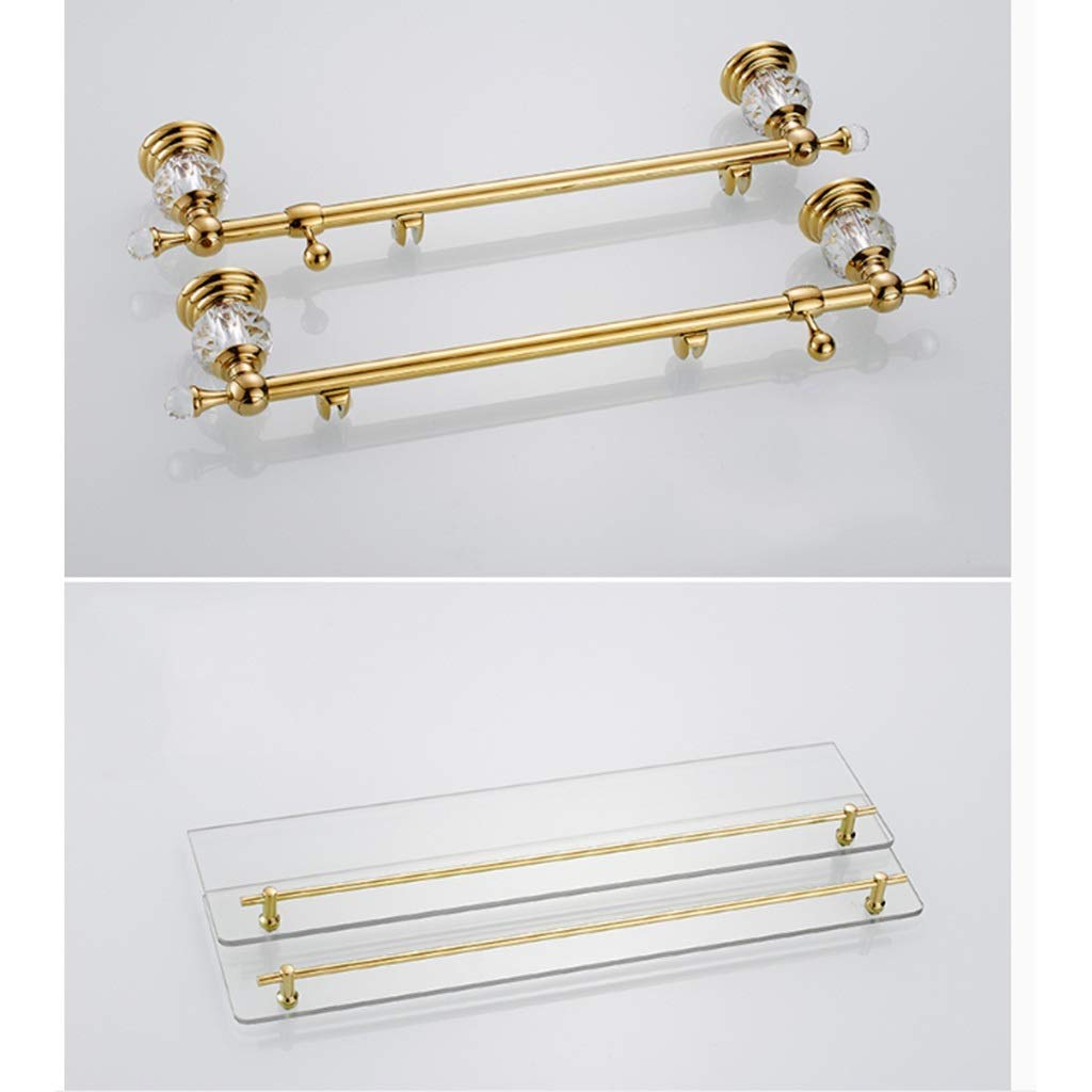 Floating Shelves Double Glass Shelf,Antique Shower Room Kitchen Storage Rack,Durable,Convenient to Clean The Bath Towel Rack (Color : Gold)