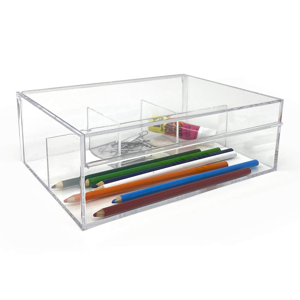 Isaac Jacobs 4-Compartment Clear Acrylic Organizer with Lid (6.7" L x 8.6" W x 3.4" H), Multi-Sectional Tray, Storage Solution for Makeup, School & Office Supplies (3 Small, 1 Large)