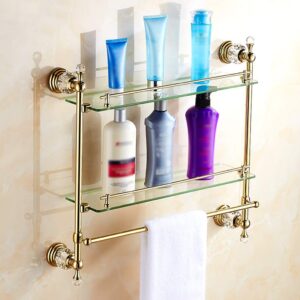 Floating Shelves Double Glass Shelf,Antique Shower Room Kitchen Storage Rack,Durable,Convenient to Clean The Bath Towel Rack (Color : Gold)