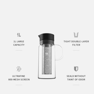 MAVOCOFFEE Cold Brew Coffee Maker, 34oz/1L Iced Coffee Pitcher with Removable Stainless Steel Filter, Glass Cold Brew Pitcher for Homemade Iced Coffee, Ice Tea