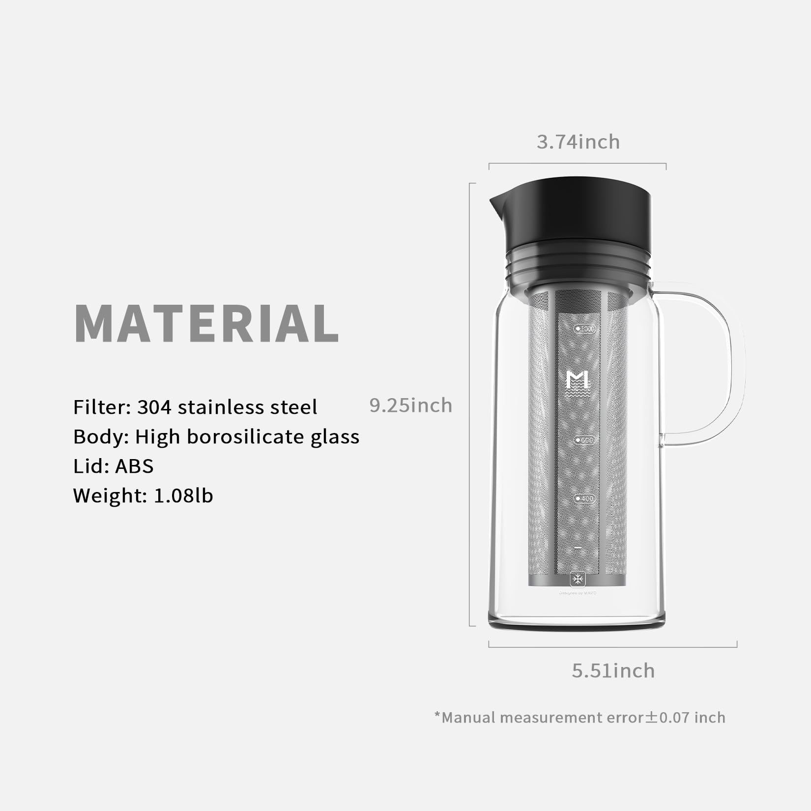 MAVOCOFFEE Cold Brew Coffee Maker, 34oz/1L Iced Coffee Pitcher with Removable Stainless Steel Filter, Glass Cold Brew Pitcher for Homemade Iced Coffee, Ice Tea