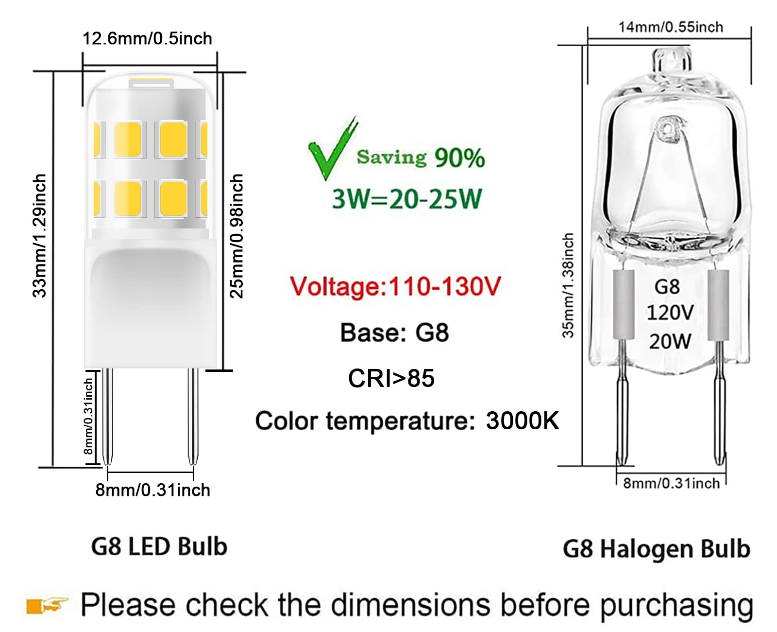 Lacnooe G8 Led Bulb Dimmable, 3W T4 Led Bulb, 20-25W Halogen Equivalent, Warm White 3000K, 120V Puck Light Bulbs for Under Cabinet Light, Under Counter Kitchen Lighting, 6-Pack