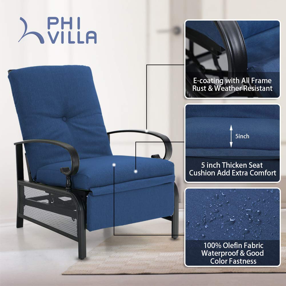 PHI VILLA Outdoor Recliner Chairs with Side Table, Oversized Patio Recliners Outdoor Metal Chaise Lounge Chairs with Removable Cushion for Garden, Poolside, Deck, Blue