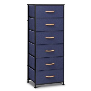 pellebant dresser for bedroom with 6 drawers, tall dresser vertical storage tower, sturdy metal frame, fabric storage bins with wooden handle and wooden top, organizer unit for closet/hallway, blue